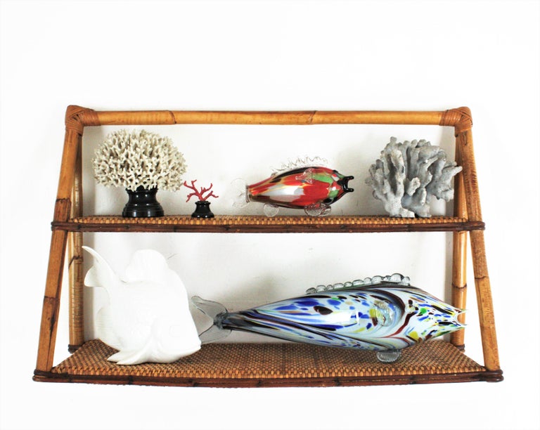 Bamboo Wicker Weave Wall Shelf, 1950s For Sale at 1stDibs