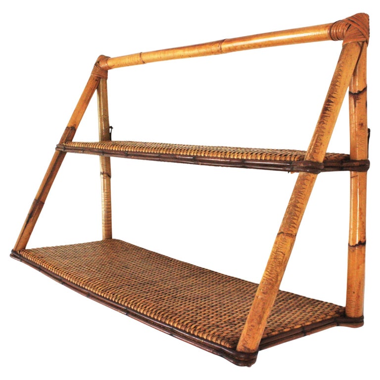 Bamboo Wicker Weave Wall Shelf, 1950s For Sale at 1stDibs