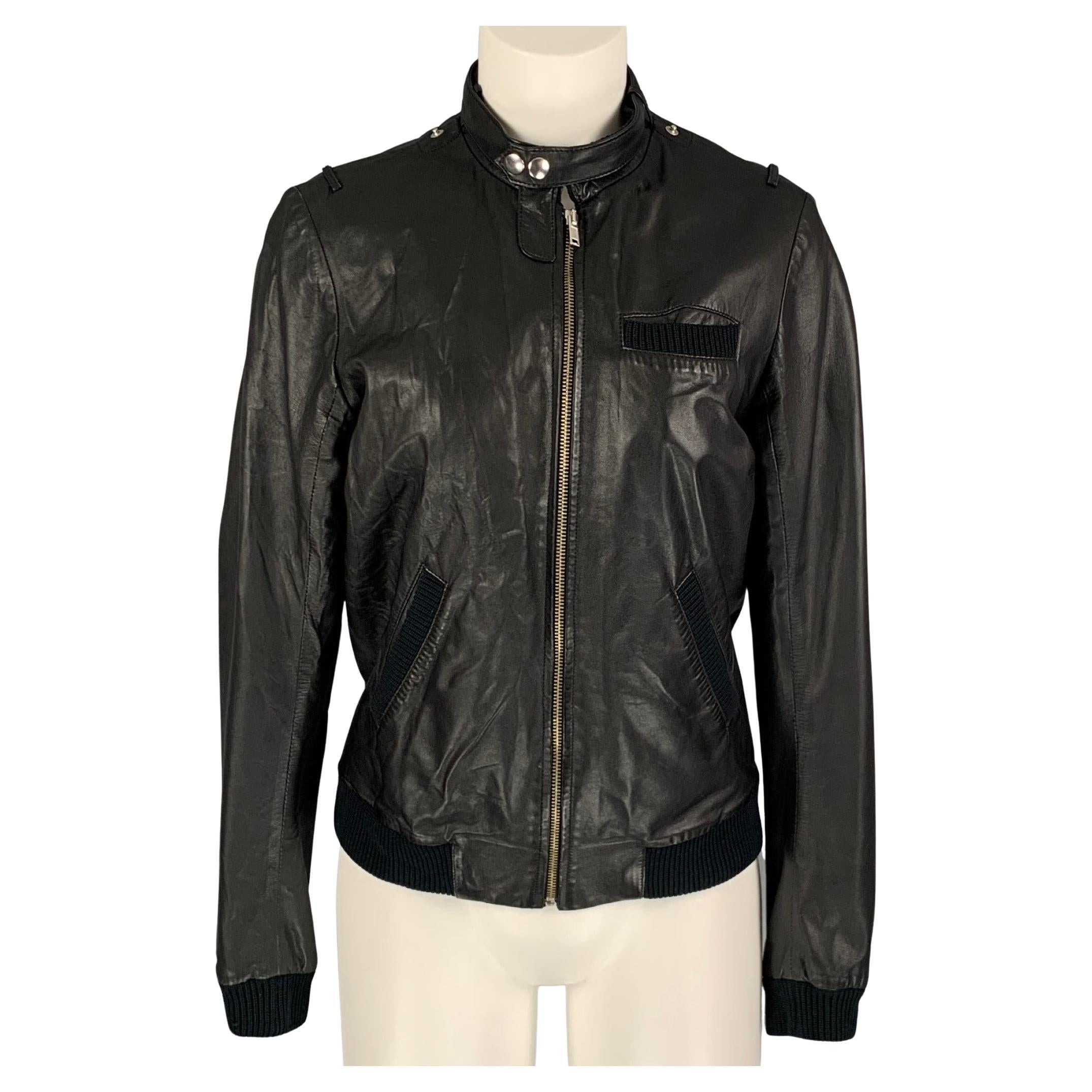 BAND OF OUTSIDERS Size M Black Leather Solid Zip Up Jacket For Sale at ...