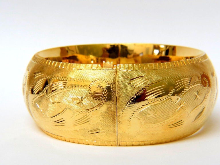 Bangle Bracelet 14 Karat Graver Etched Gilt Artistic Detail Button Snap ...