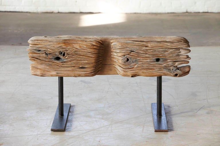 Bank, Bench by Hanni Dietrich, Carved Oak Mounted on Welded Black Iron ...
