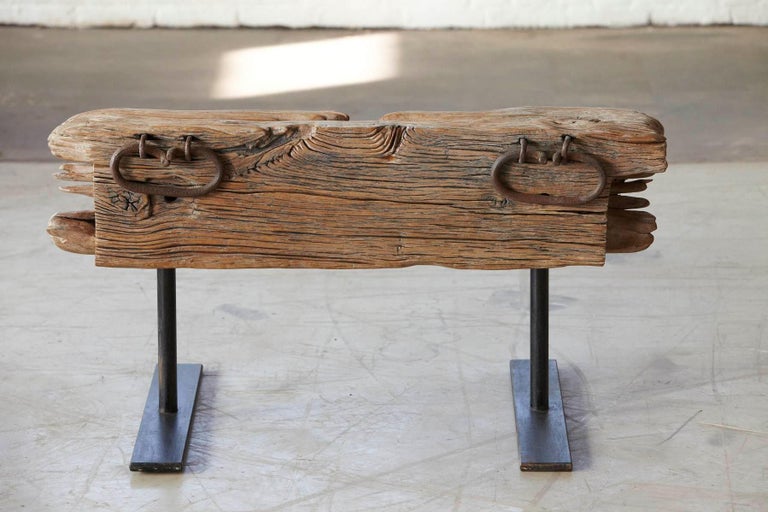 Bank, Bench by Hanni Dietrich, Carved Oak Mounted on Welded Black Iron ...