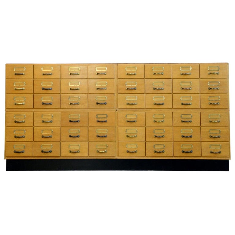Bank of Light Oak Filing Drawers circa 1950s at 1stdibs