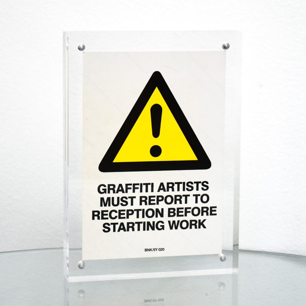 Banksy - BANKSY Graffiti Artists Must Report to Reception BNK/5Y/020 Sticker (Framed) For Sale ...