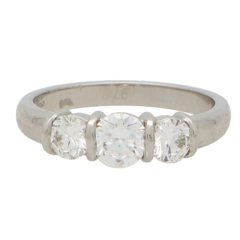 Bar Set Diamond Three Stone Ring Set in Platinum For Sale at 1stDibs