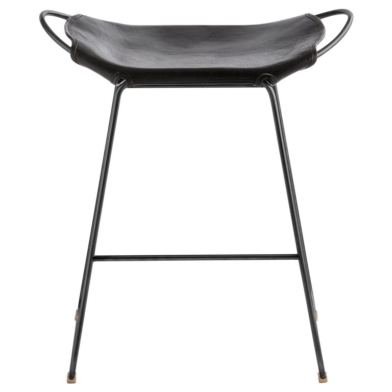 Sculptural Contemporary Bar Stool, Black Smoke Metal and Black Leather ...