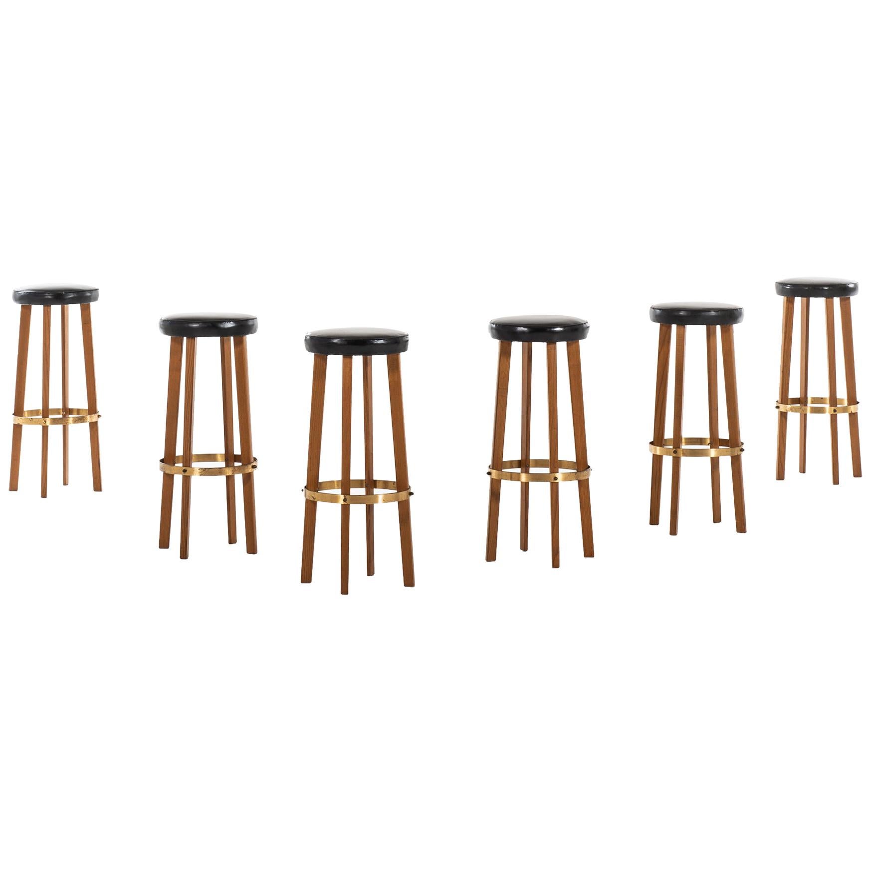 Bar Stools in Teak, Brass and Leather Produced in Sweden at 1stDibs