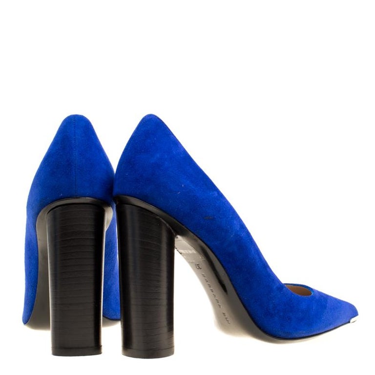 Barbara Bui Cobalt Blue Suede Metal Pointed Toe Block Heel Pumps Size ...