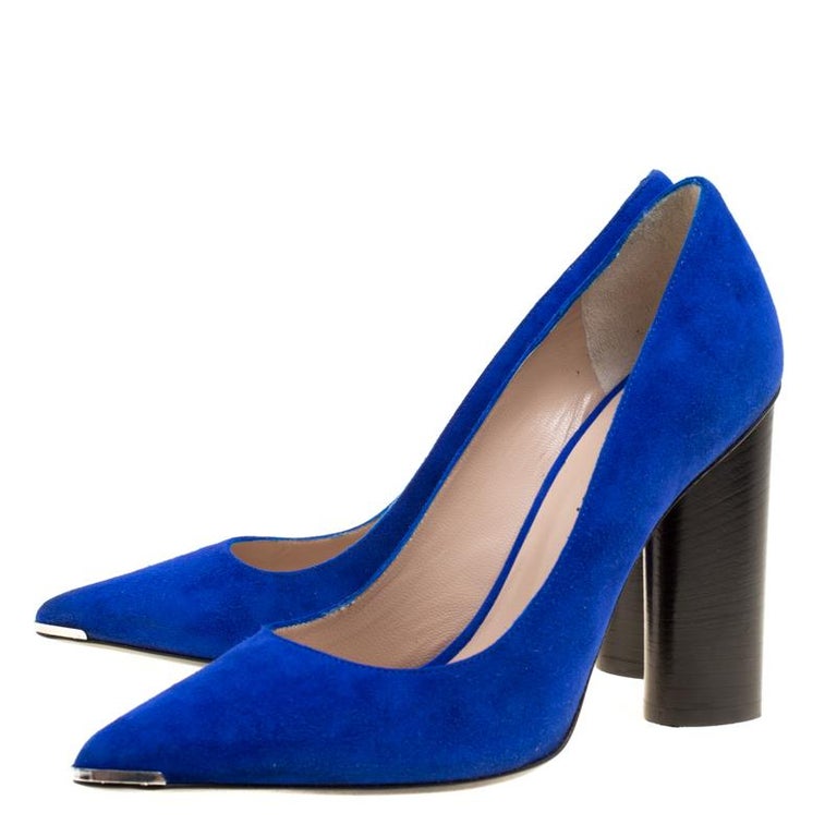 Barbara Bui Cobalt Blue Suede Metal Pointed Toe Block Heel Pumps Size ...