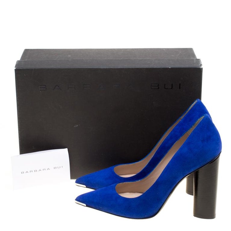 Barbara Bui Cobalt Blue Suede Metal Pointed Toe Block Heel Pumps Size ...
