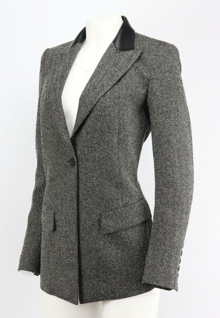 Barbara Bui Leather Trimmed Herringbone Wool Blend Blazer at 1stDibs