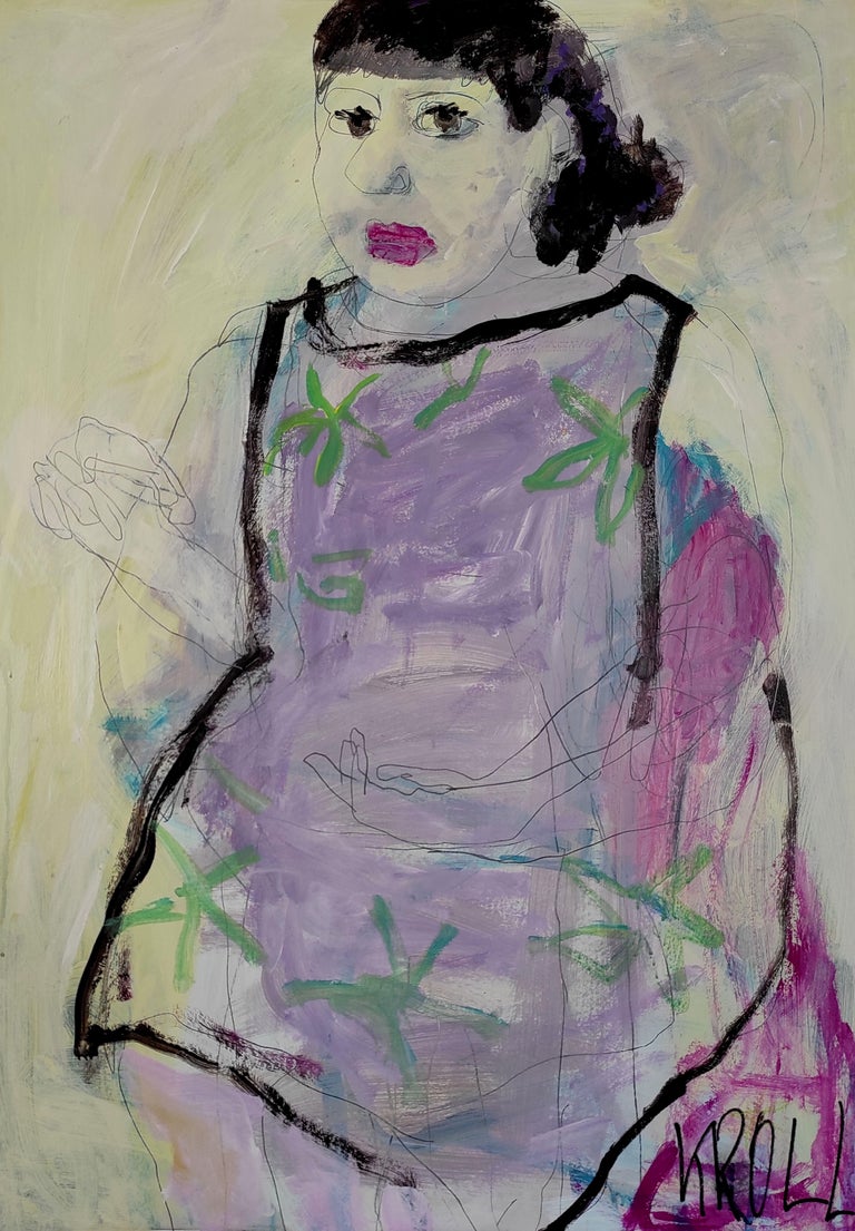 Barbara Kroll - Girl in flower dress, Mixed Media Art on Other For Sale ...