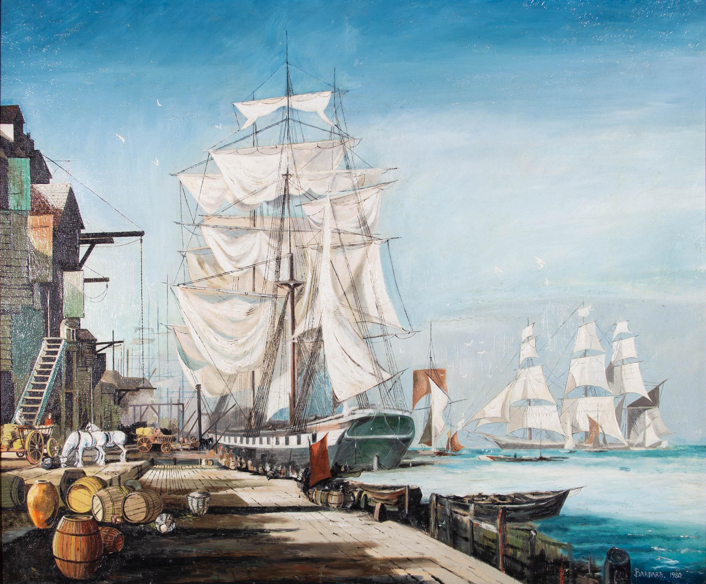 Barbara - Barbara - 1980 Oil, Tail Ships At The Dock at 1stDibs