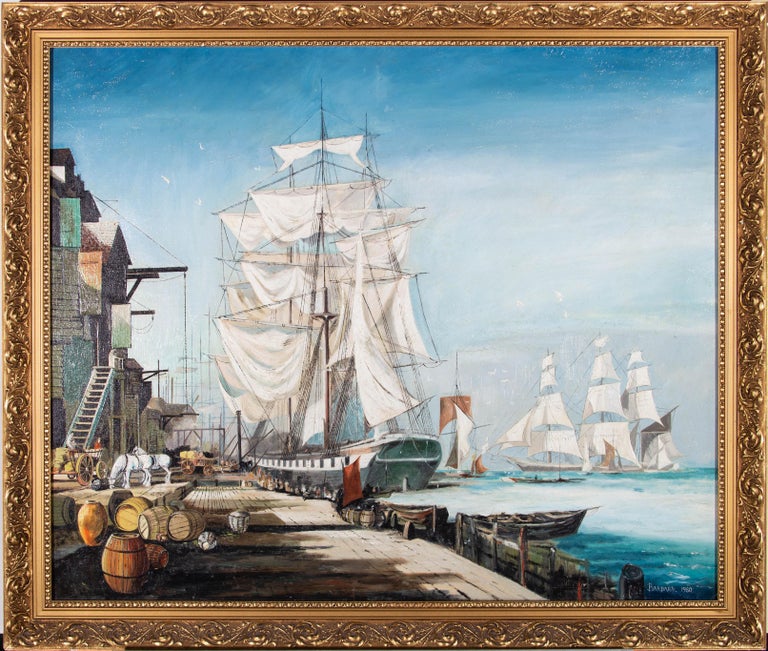 Barbara - Barbara - 1980 Oil, Tail Ships At The Dock For Sale at 1stDibs