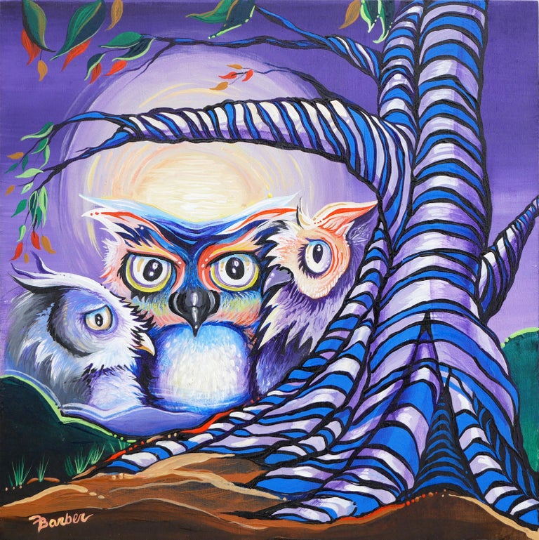 Barber - Purple Abstract Contemporary Owl Painting For Sale at 1stDibs