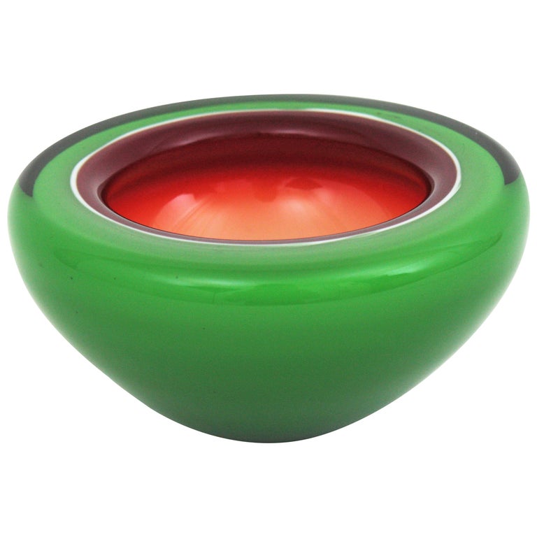 Barbini Murano Sommerso Green Garnet White Geode Art Glass Bowl ...