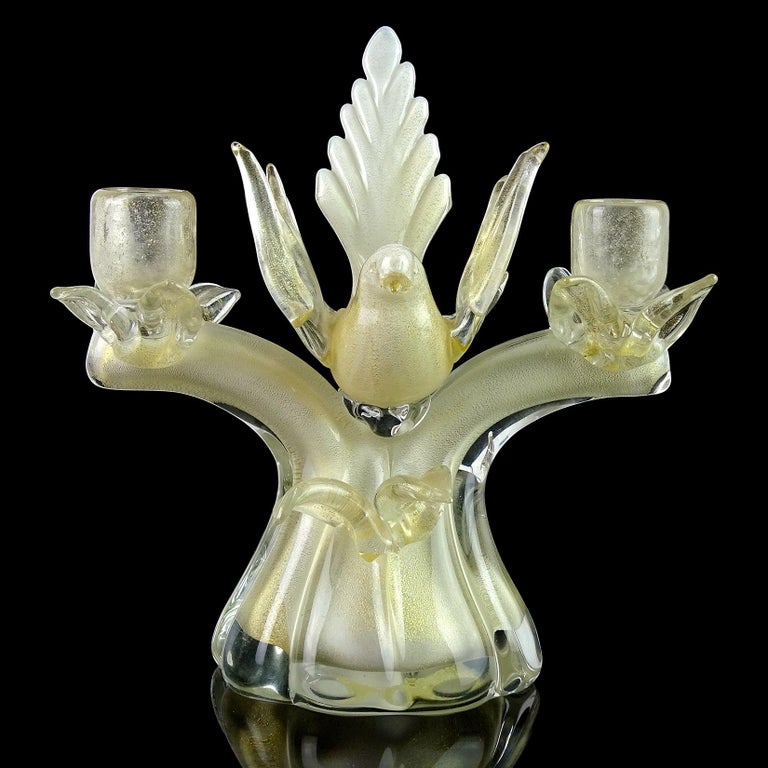Barbini Murano White Gold Flecks Italian Art Glass Bird Double ...