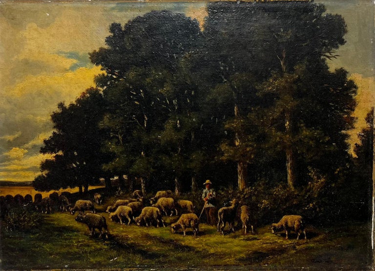 Barbizon School - Antique French Barbizon Oil Painting Shepherd with ...