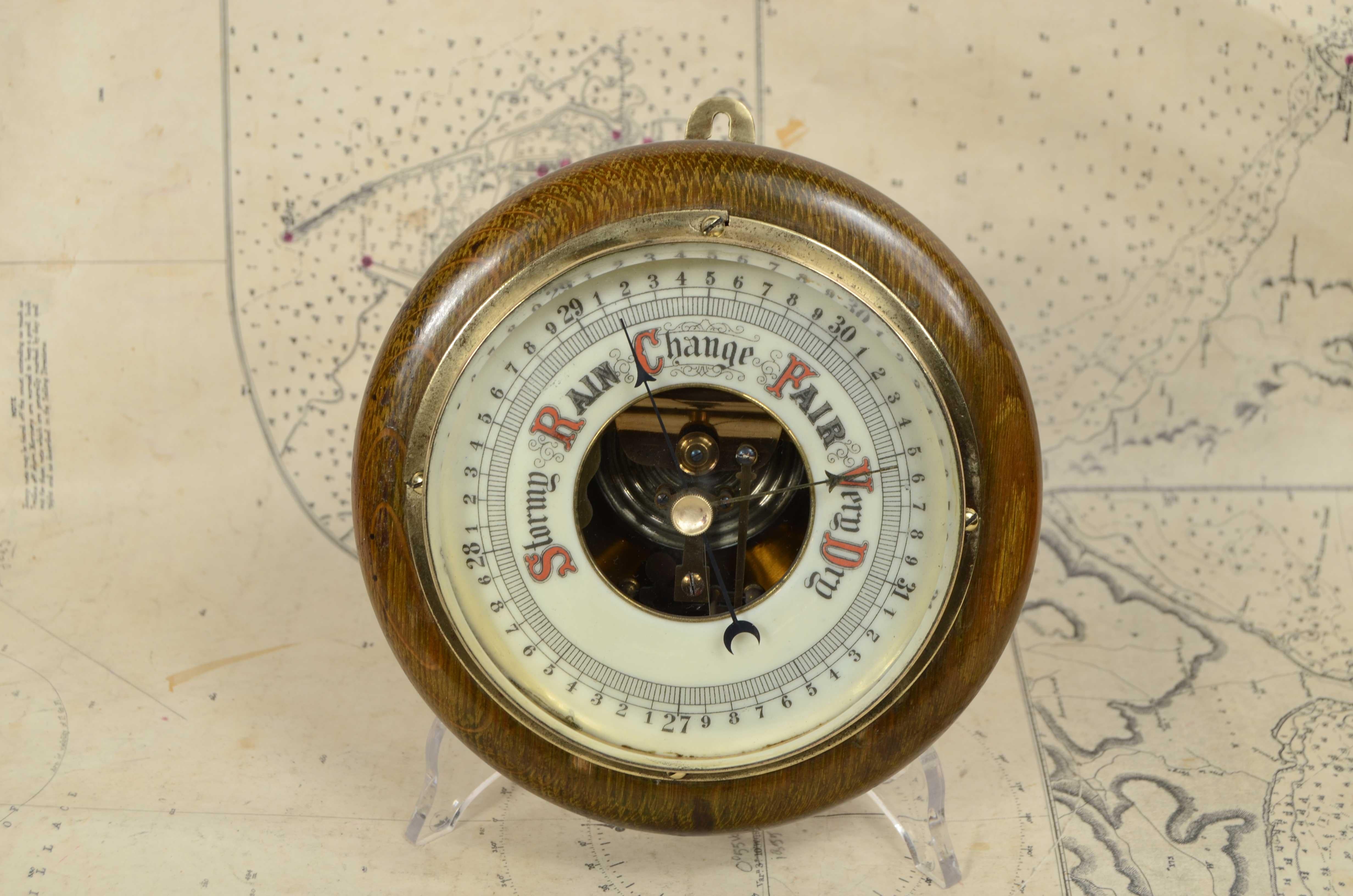 1930s English aneroid barometer made of turned wood, brass and glass ...