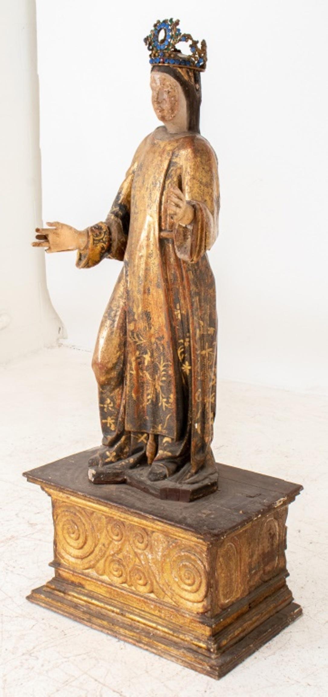 Baroque Carved Polychromed Wood Virgin Figure For Sale at 1stDibs