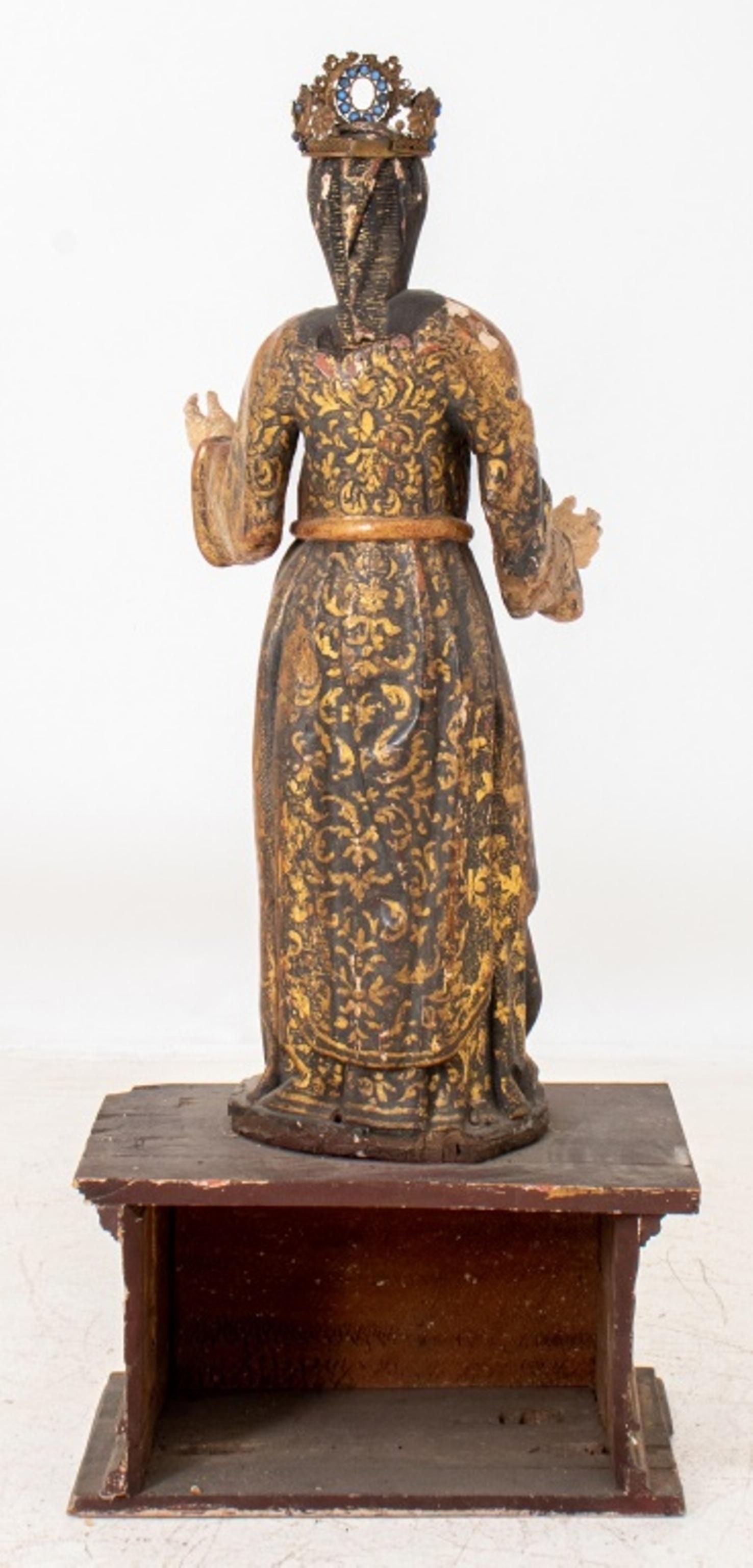 Baroque Carved Polychromed Wood Virgin Figure For Sale at 1stDibs