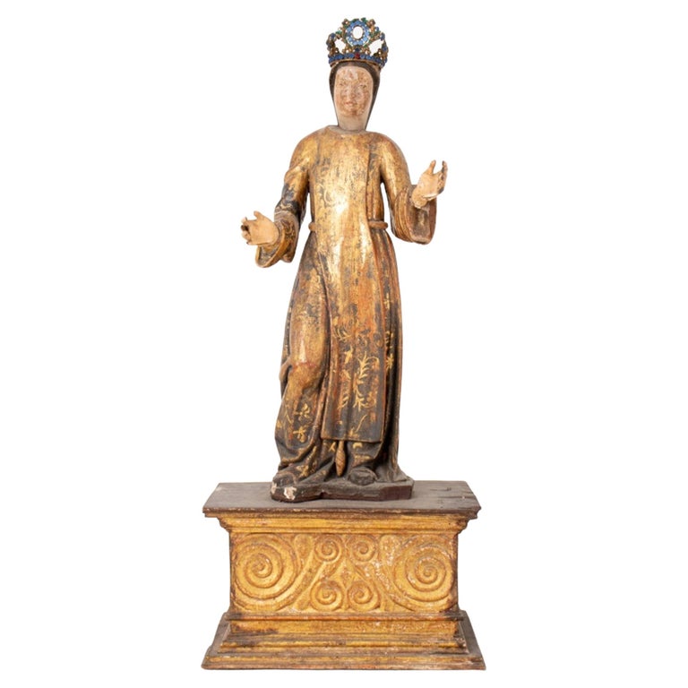 Baroque Carved Polychromed Wood Virgin Figure For Sale at 1stDibs