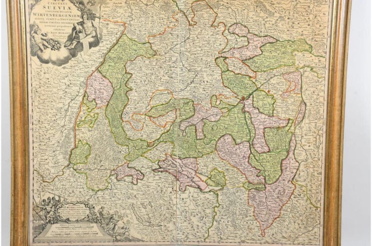 Baroque Map of Swabia/Württemberg, Engraved by J.B. Homann 18th Century ...