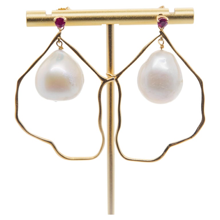 Baroque Peal Ruby Abstract Hoop Earring For Sale at 1stDibs