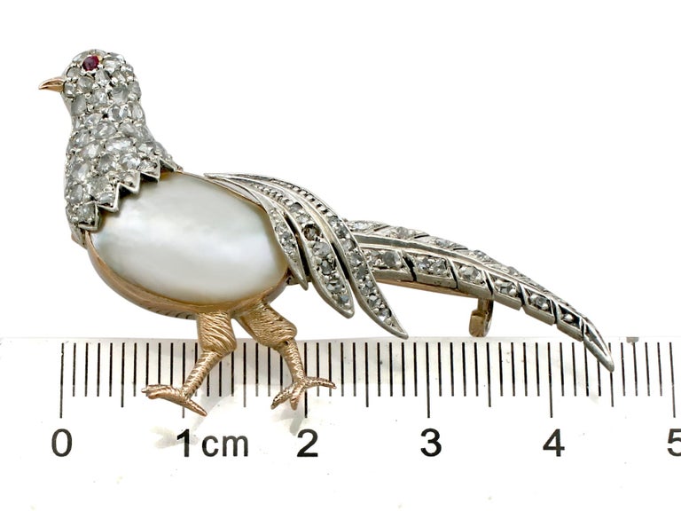 Baroque Pearl and Diamond Ruby and Yellow Gold Pheasant Brooch at 1stDibs