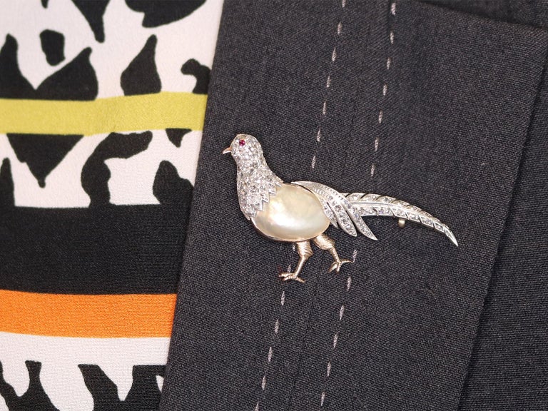Baroque Pearl and Diamond Ruby and Yellow Gold Pheasant Brooch at 1stDibs