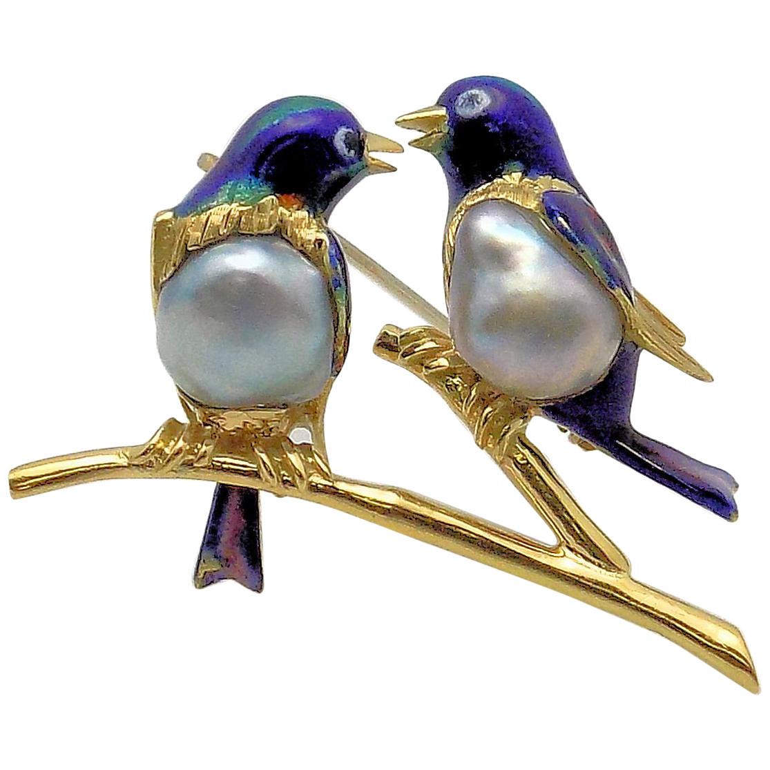 Baroque Pearl and Enamel Brooch in 18 Karat Yellow Gold For Sale at 1stDibs