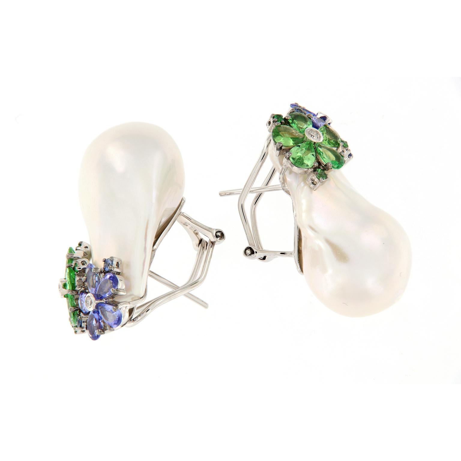 Baroque Pearl Diamond Colored Gemstone Earrings For Sale at 1stDibs