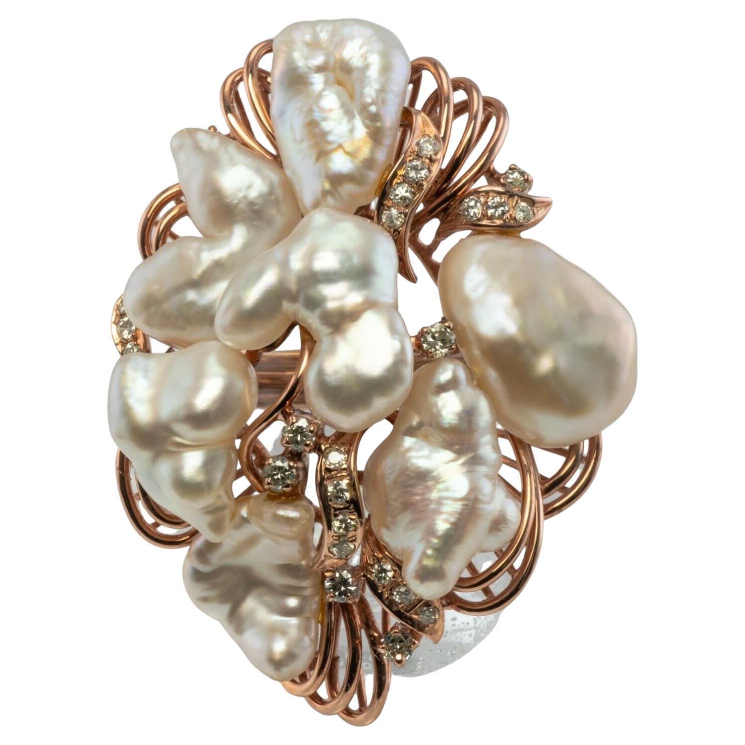 Diamond Baroque Pearl Ring 14K Gold Cocktail For Sale at 1stDibs