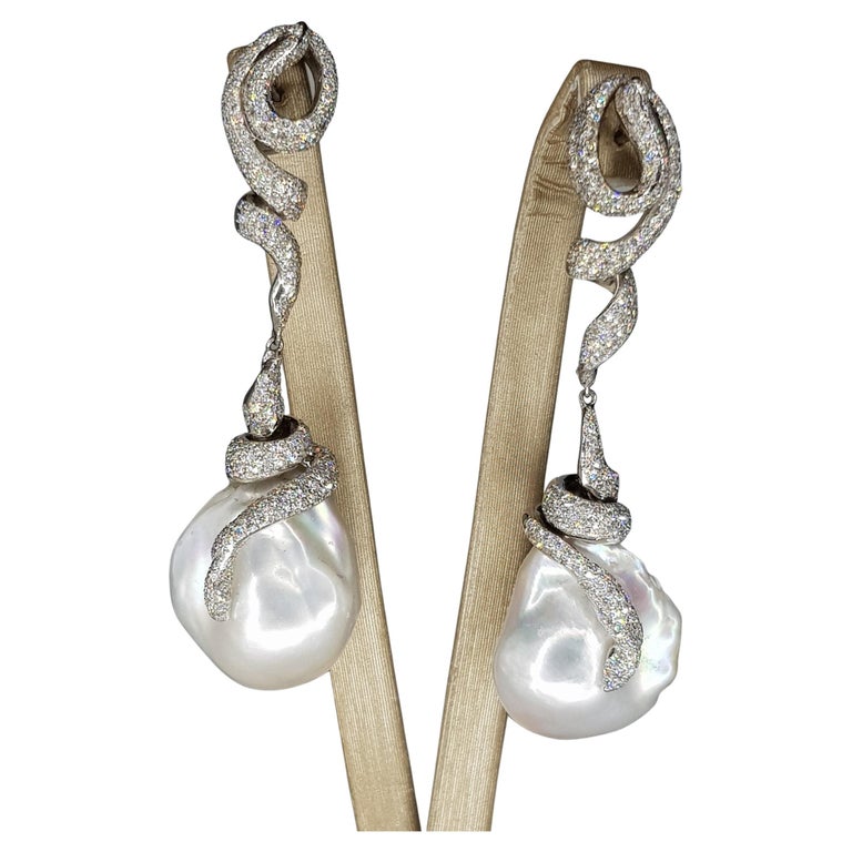 Baroque Pearl Earrings, White Gold and Diamonds For Sale at 1stDibs