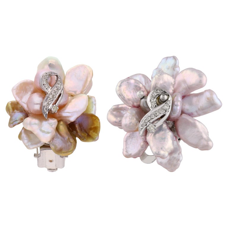 Baroque Pearl Floral Stud Earrings Diamond Silver Handmade Earlobe ...