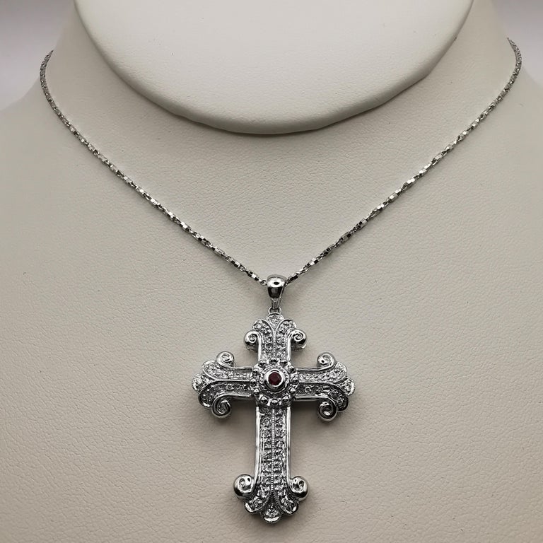 Baroque Ruby and Diamond Cross Pendant Necklace in 18K White Gold For ...