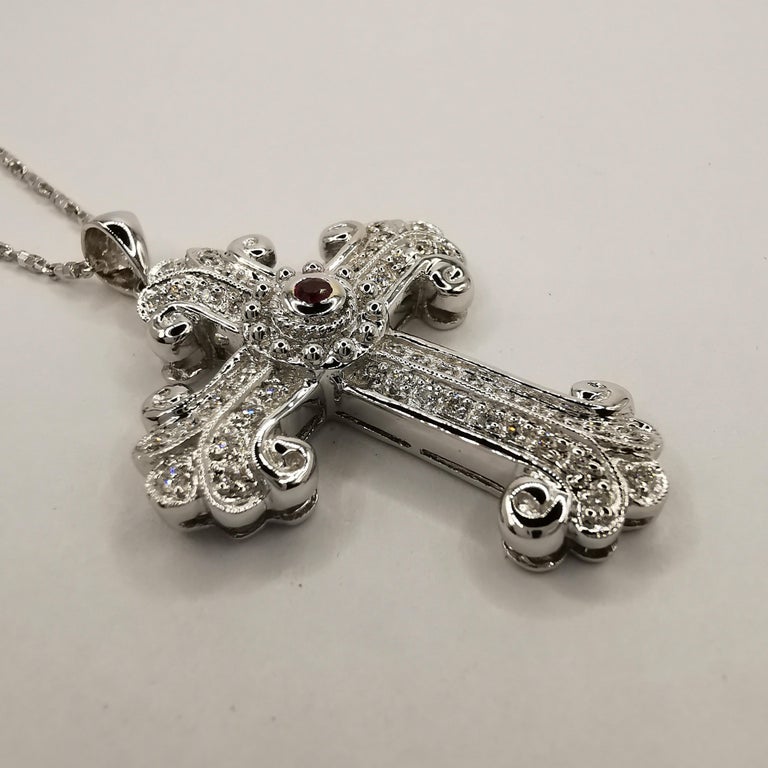 Baroque Ruby and Diamond Cross Pendant Necklace in 18K White Gold For ...