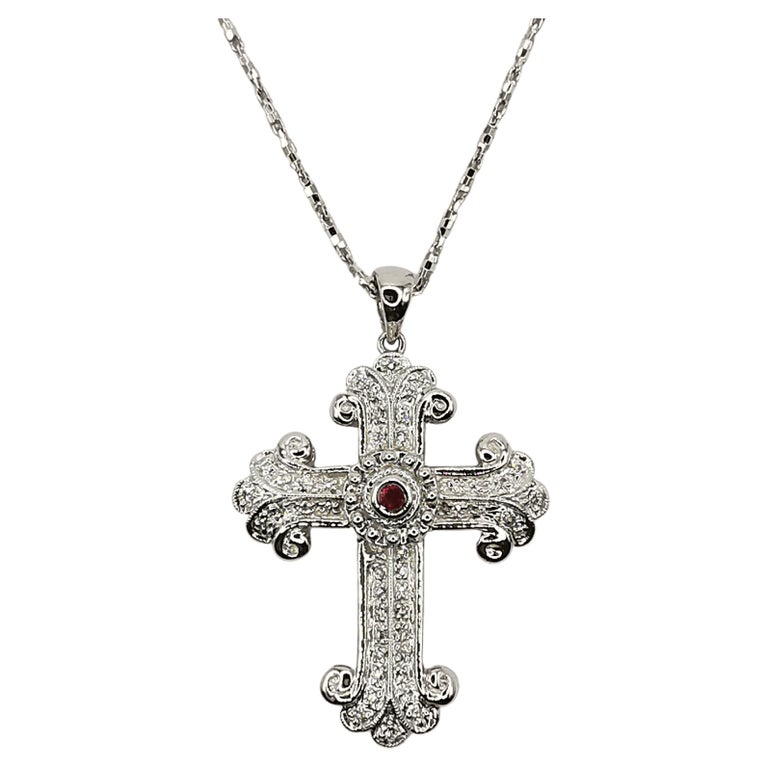 Baroque Ruby and Diamond Cross Pendant Necklace in 18K White Gold For ...