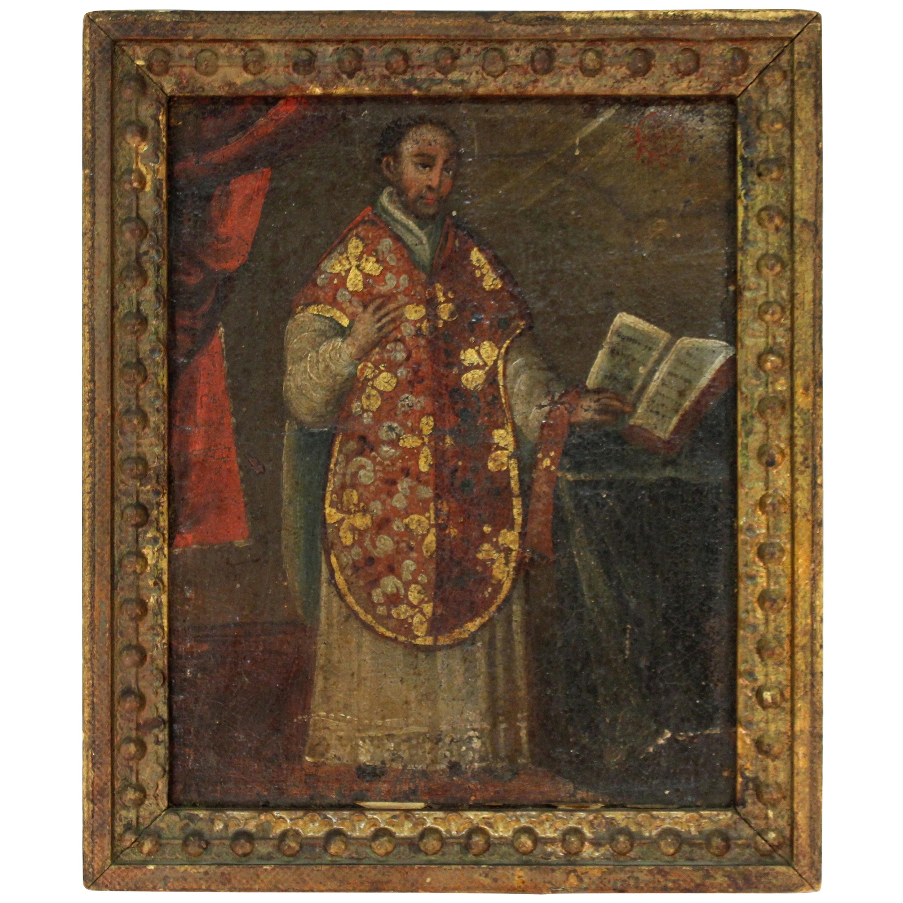 Baroque South American Oil on Canvas on Panel Portrait of Saint Ignacio ...