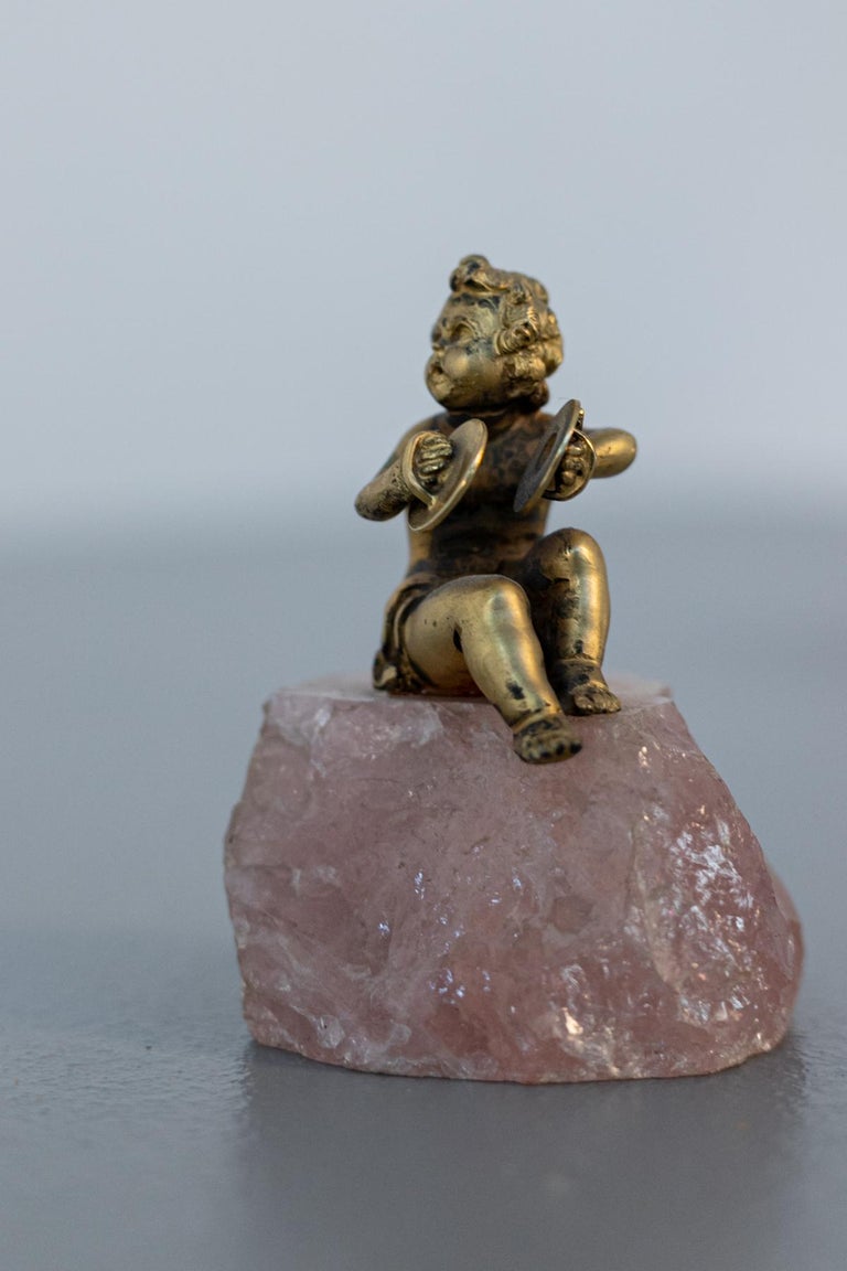 Baroque Statue of Silver Cherub on Rose Quartz For Sale at 1stDibs