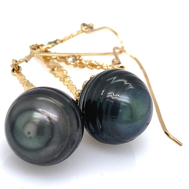Baroque Tahitian Circlé Pearl "Tether Ball" Earrings in Yellow Gold and ...