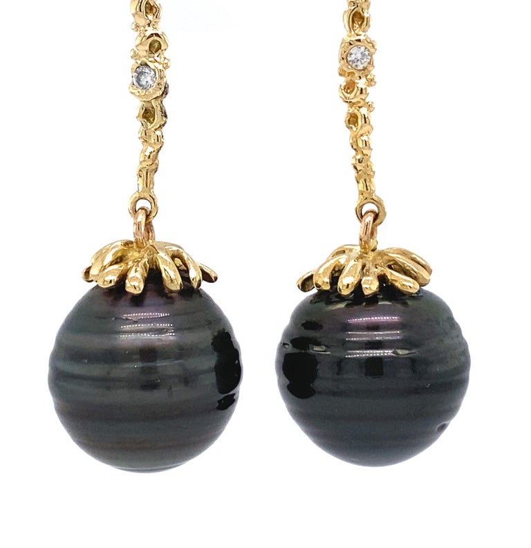 Baroque Tahitian Circlé Pearl "Tether Ball" Earrings in Yellow Gold and ...