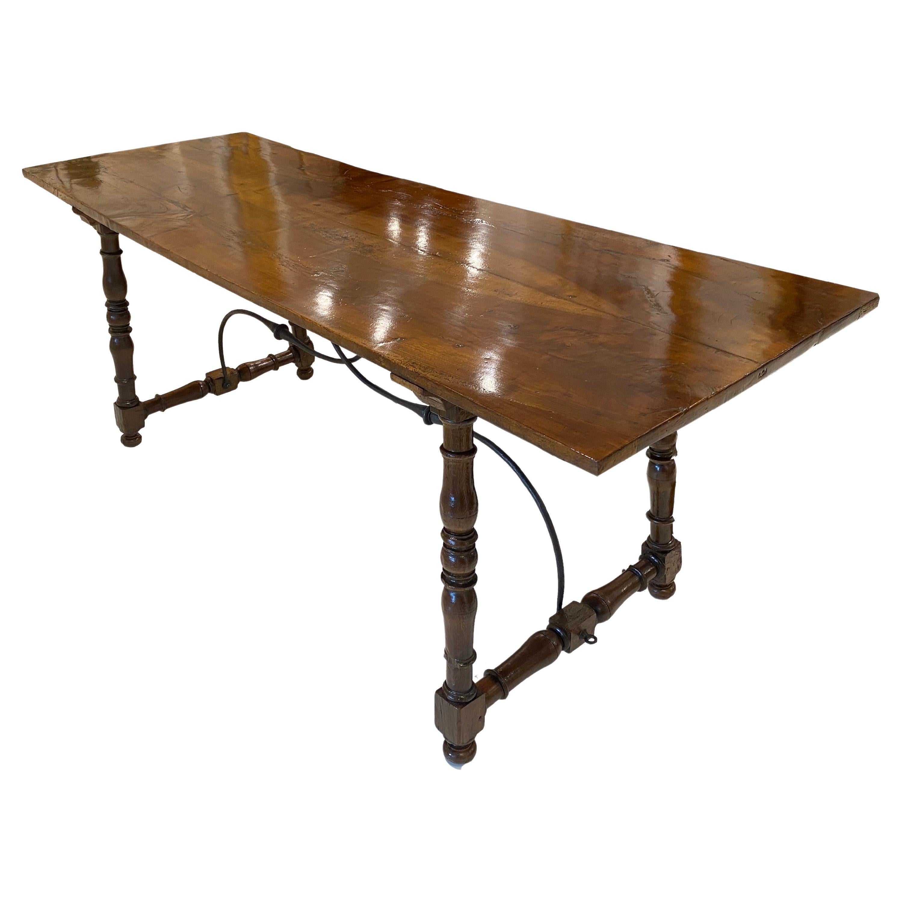 Spanish Colonial Trestle Table with Wrought Iron Scrolled Base at 1stDibs