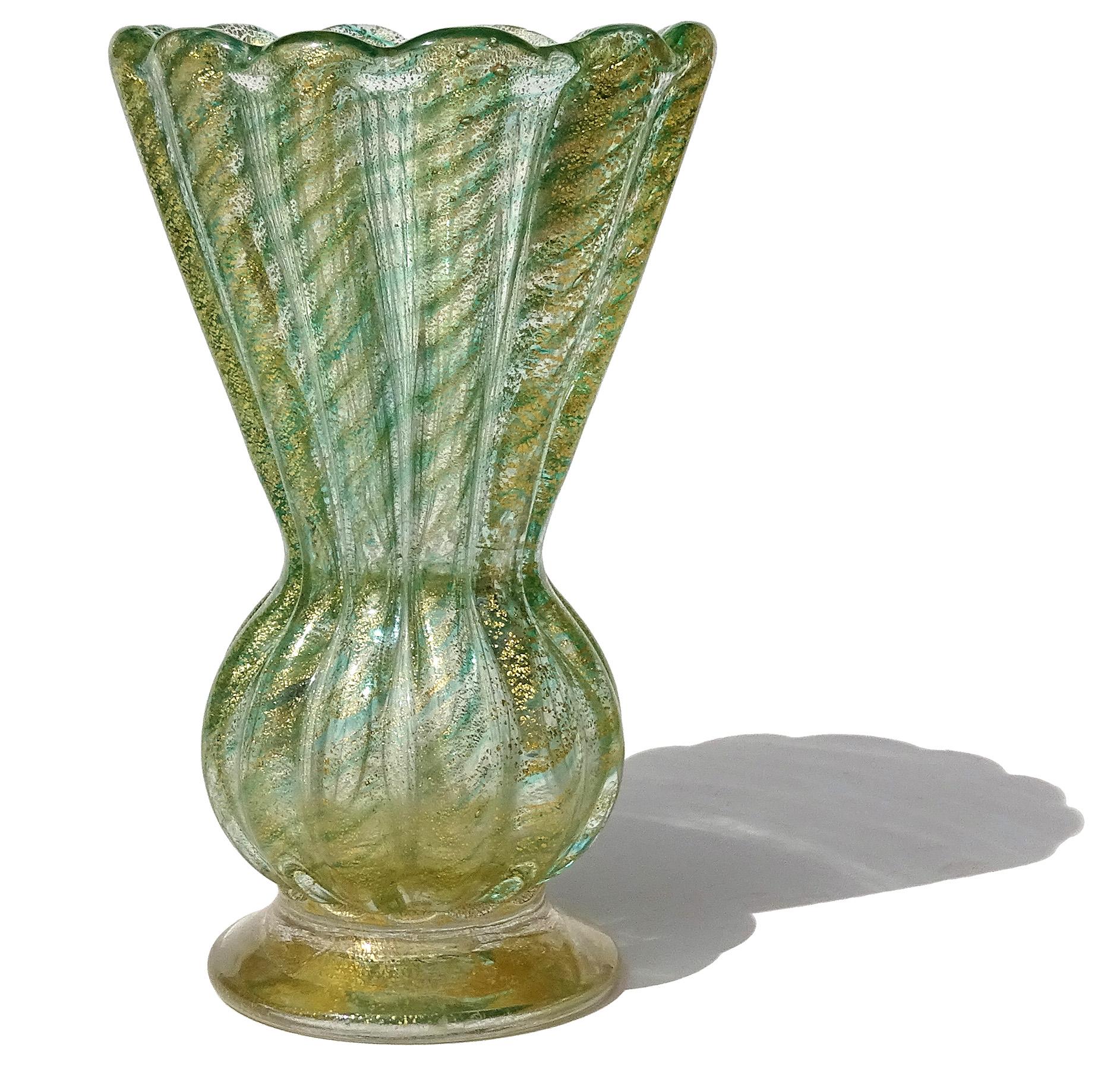 Barovier Toso Murano Green Gold Flecks Italian Art Glass Ribbed Footed ...