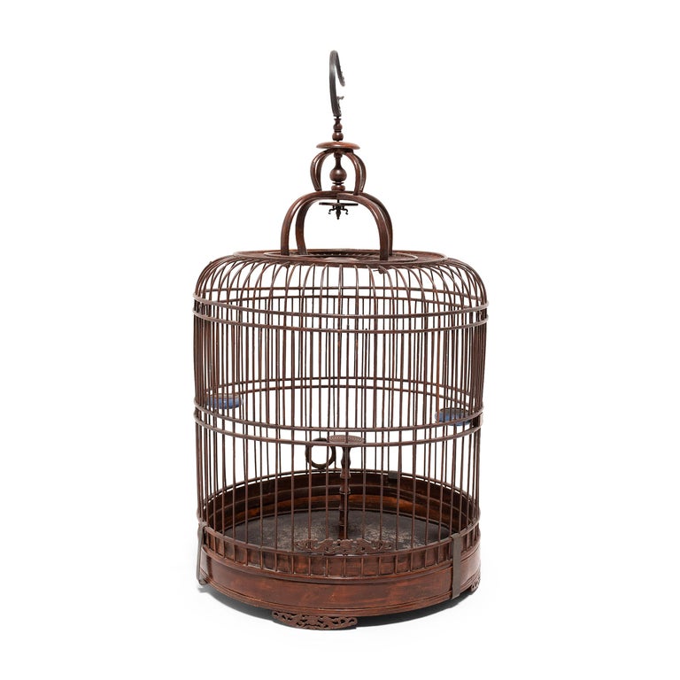 Barrel-Form Chinese Birdcage with Blue Glazed Waterpots, circa 1900 For ...