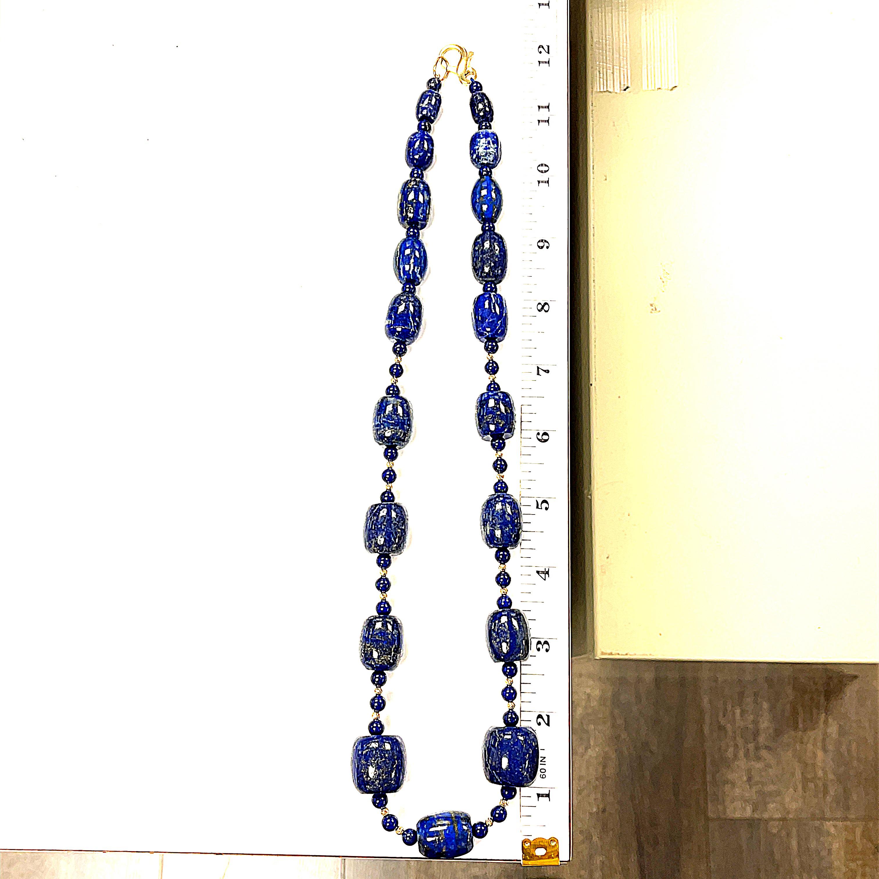 Barrel Shaped Lapis Lazuli Beaded Necklace with Yellow Gold Accents, 24 ...