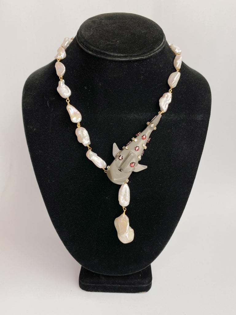 Barroque pearl, crystal, gemstone and LEGO shark necklace by Sebastian ...