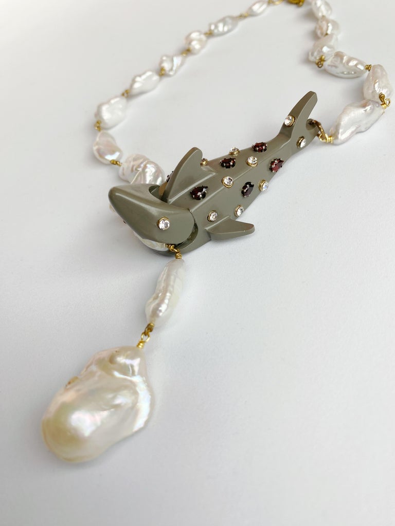 Barroque pearl, crystal, gemstone and LEGO shark necklace by Sebastian ...