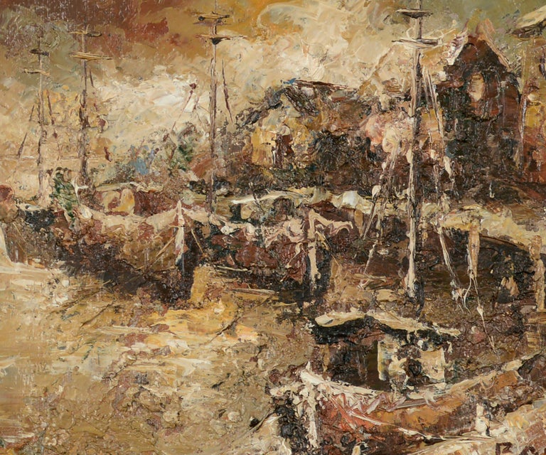Barton - Fishing Boats at the Wharf - Mid Century Impasto Earthtone ...
