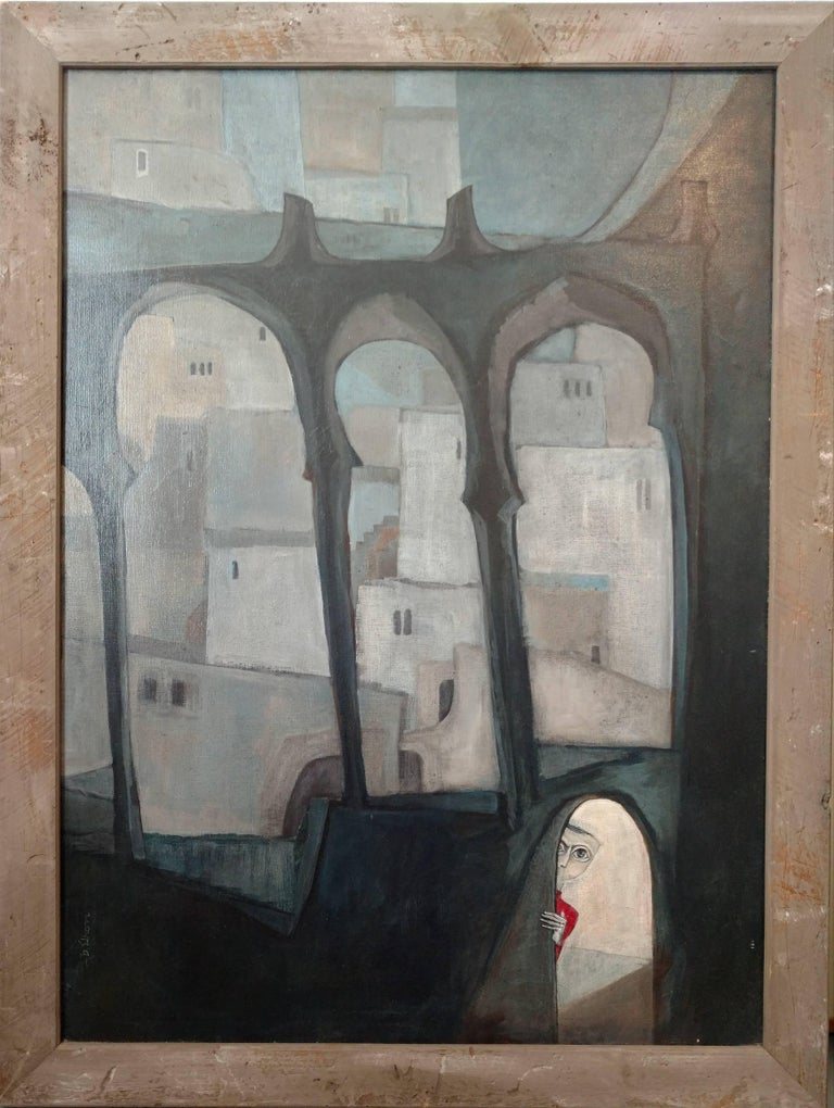 Baruch Elron - Large Surrealist Symbolist Painting, Peeking Child ...